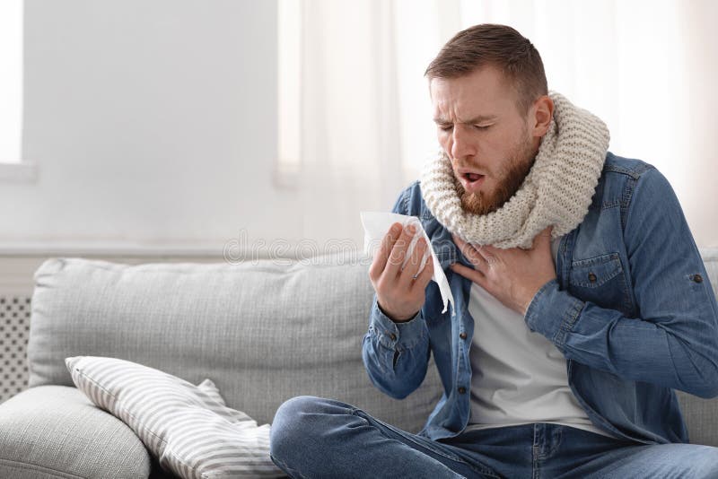 Coronavirus Infected Man Coughing Hard at Home Stock Photo - Image of ...