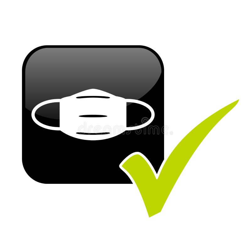 Coronavirus Mask and Green Tick Symbol on Black Button Stock ...