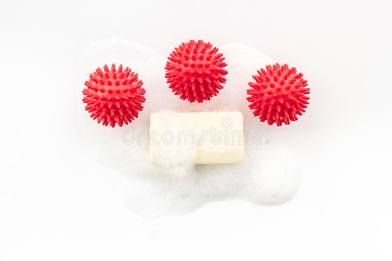 Coronavirus and Soap on White Background Top-down Stock Photo - Image ...