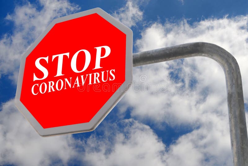 Coronavirus Stop Sign in Close-up on Sky Background with Clouds Stock ...