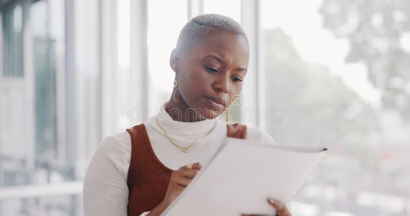 Corporate Black Woman, Documents and Reading with Pen for Notes, Ideas ...