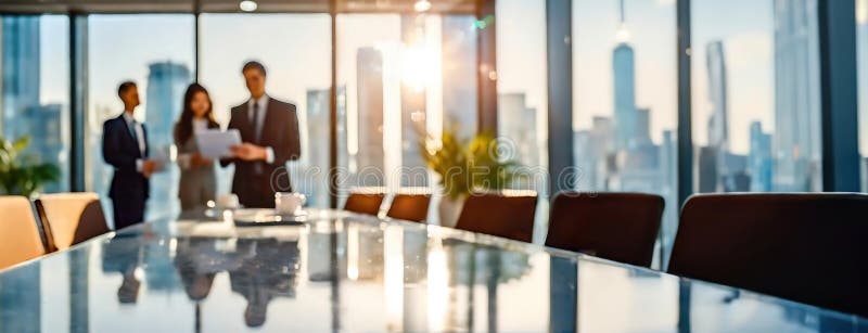 A Corporate Boardroom with a View of the Cityscape, Where Three ...