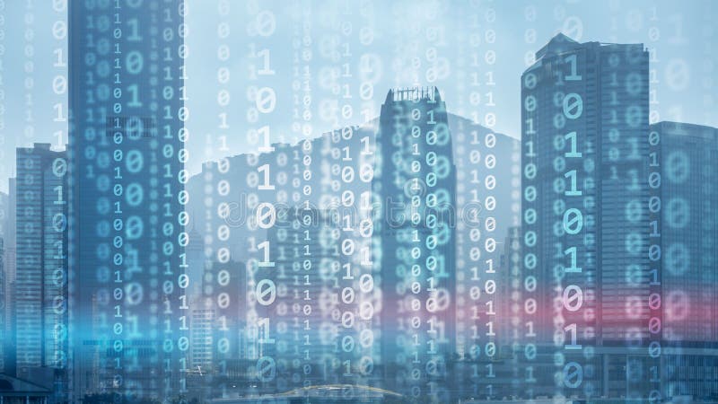 Corporate Business Concept. Binary Code on Moderns City Bulidings ...