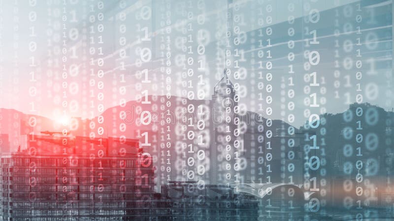 Corporate Business Concept. Binary Code on Moderns City Bulidings ...
