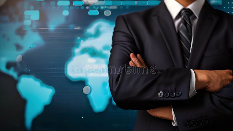 Corporate Business Man Wearing a Suit in Front of a Digital World Map ...