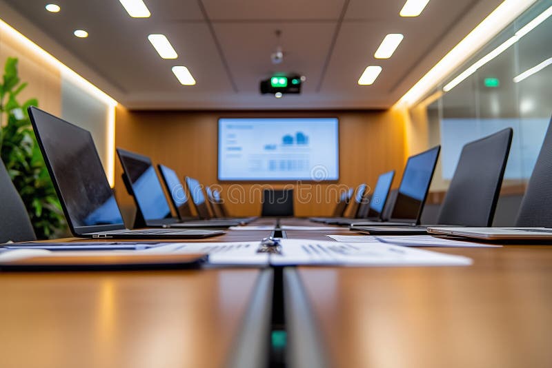 Corporate Conference Setup Laptops Presentation Screen Modern Meeting ...