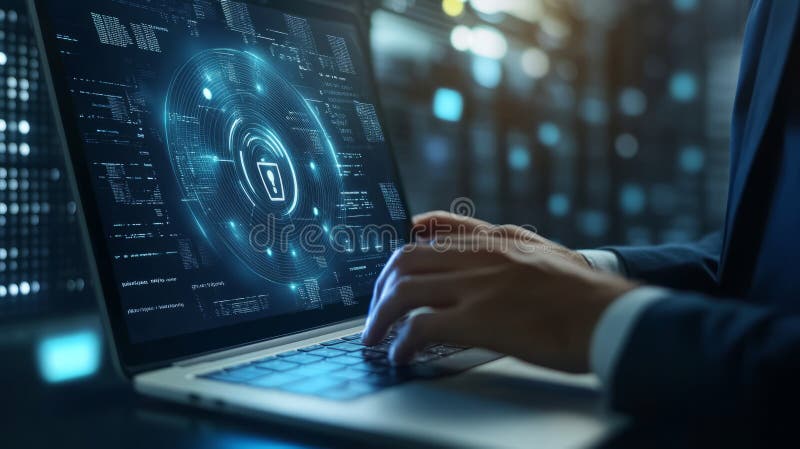 Corporate Data Management System Concept. Businessman Use Laptop with ...