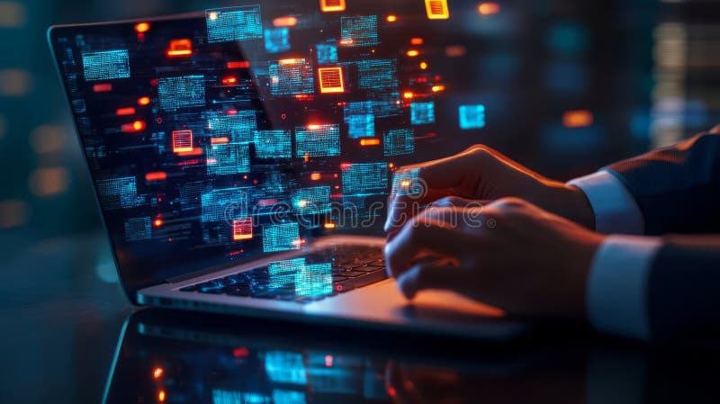 Corporate Data Management System Concept. Businessman Use Laptop with ...