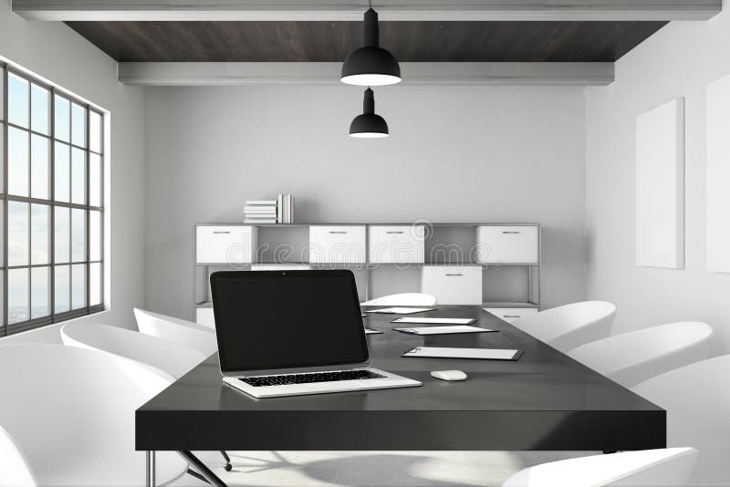 Corporate Desktop with Black Laptop Stock Illustration - Illustration ...