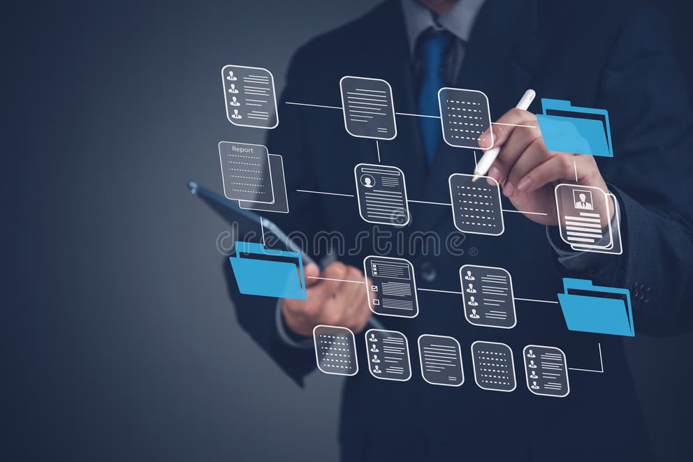 Corporate Digital Workflow Concept with Data Folders, Reports and Interface Icons, Business File ...