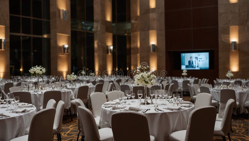 Corporate Event with Set Tables in a Large Hall with a Screen on the ...