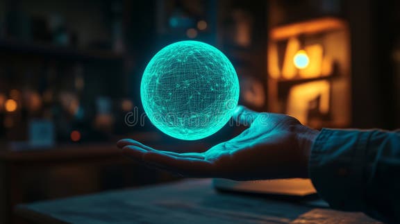 A Corporate Executive Grasps a Radiant Wireframe Orb, Symbolizing a ...