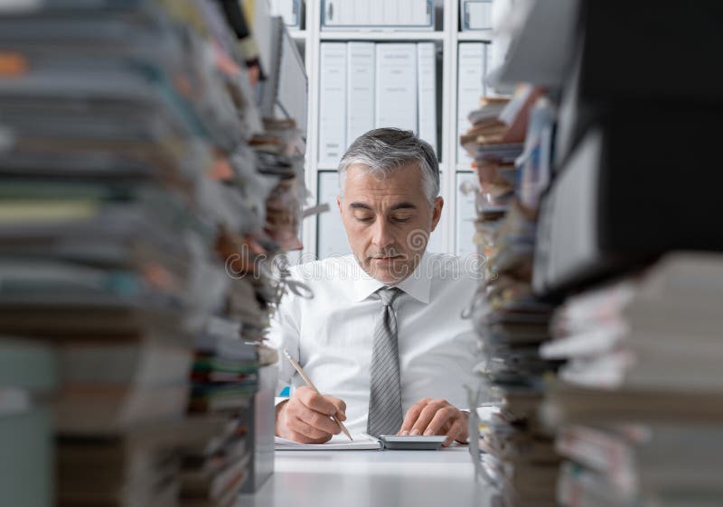 Overloaded Senior Office Worker Stock Image - Image of bookkeeper ...