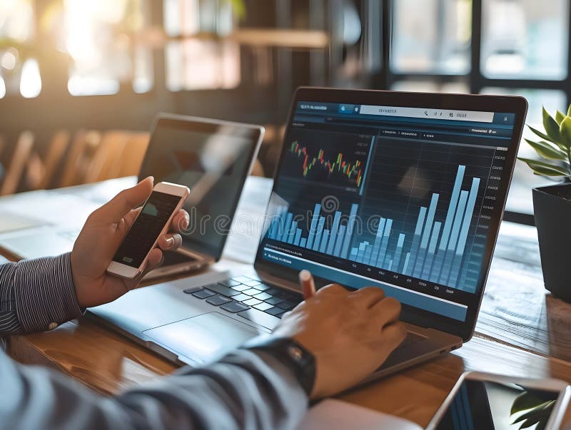 Corporate Executive Reviewing Digital Financial Analytics and Growth ...