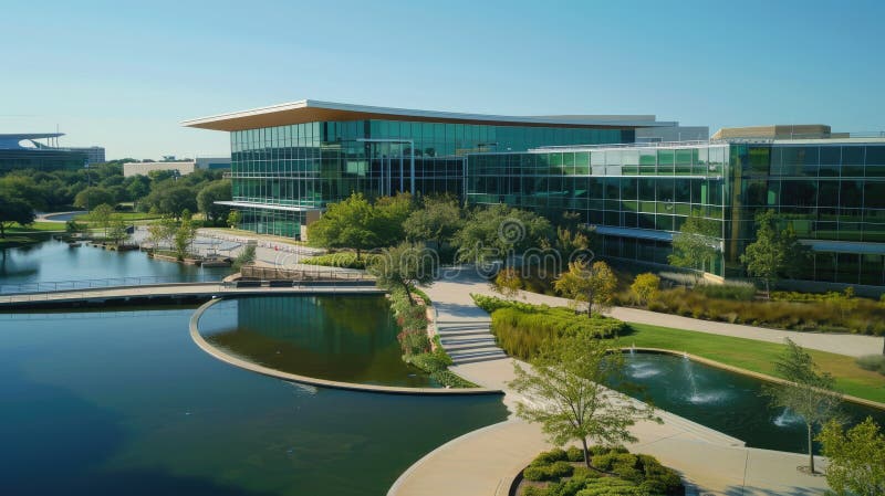 Corporate Headquarters with Reflective Water Features and Greenery ...