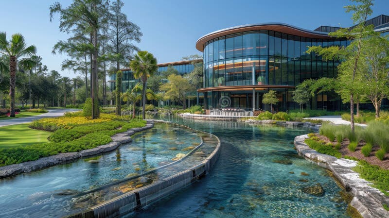 Corporate Headquarters with Reflective Water Features and Greenery ...