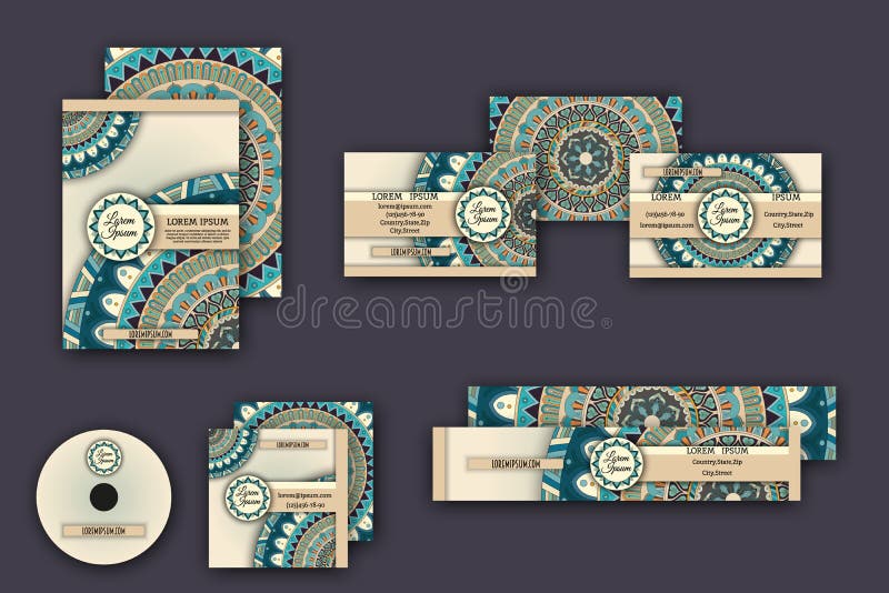 Corporate Identity Templates Set with Mandala Pattern Ethnic Elements ...