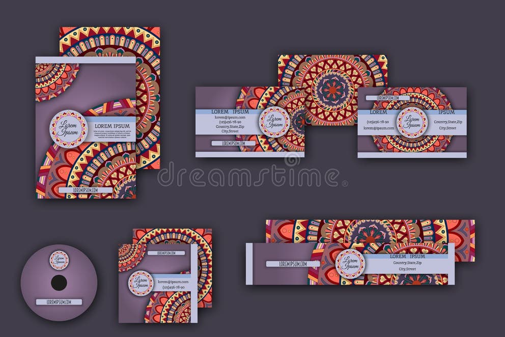 Corporate Identity Vector Templates Set with Mandala Pattern Ethnic ...