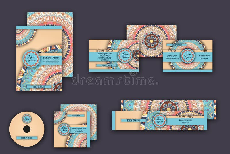 Corporate Identity Vector Templates Set with Mandala Pattern Ethnic ...