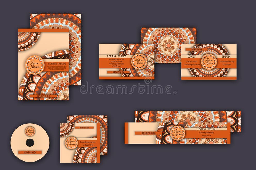 Corporate Identity Vector Templates Set with Mandala Pattern Ethnic ...