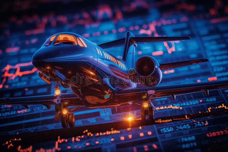 Corporate Jet Flying on Financial Data Background Abstract Stock Image ...