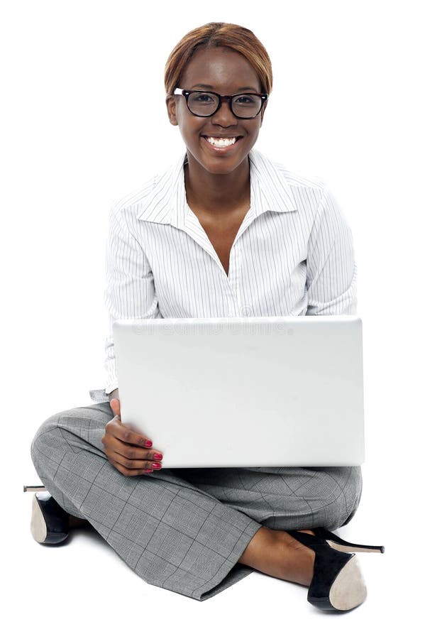 Corporate Lady Seated on Floor Working on Laptop Stock Photo - Image of ...