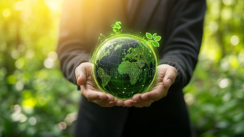 Corporate Leader Holding a Digital Globe with Green Elements ...
