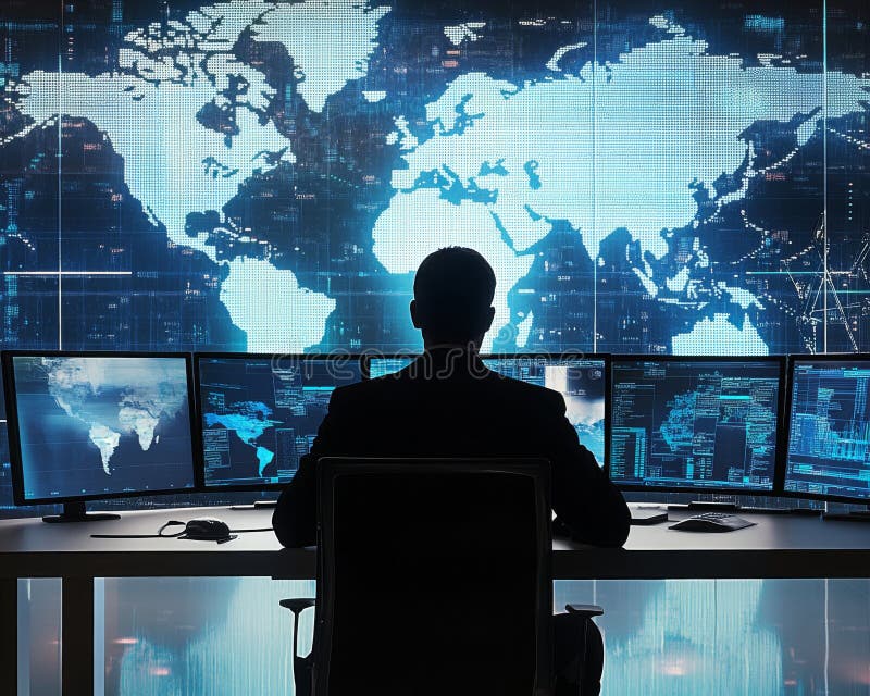 A Corporate Leader is Strategizing in a War Room, Using Digital Screens ...
