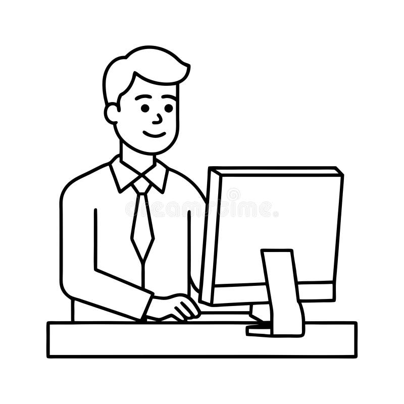 Corporate Man Working on Computer: Black and White Vector Line Art ...
