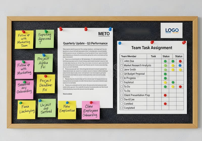 Corporate Memo Board Workspace with Printed Task Notes, Sticky Labels ...