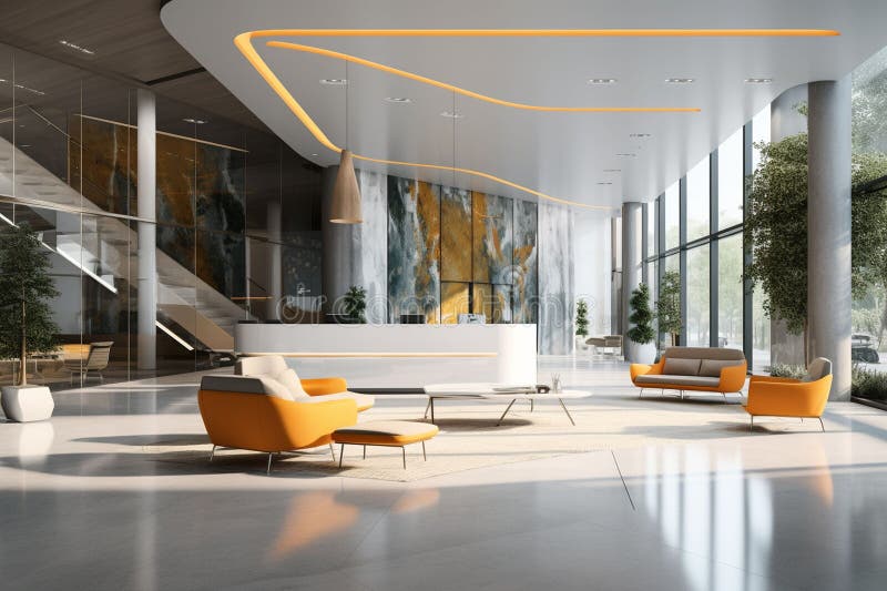 Corporate Office Lobby with a Reception Desk and Stock Image - Image of ...