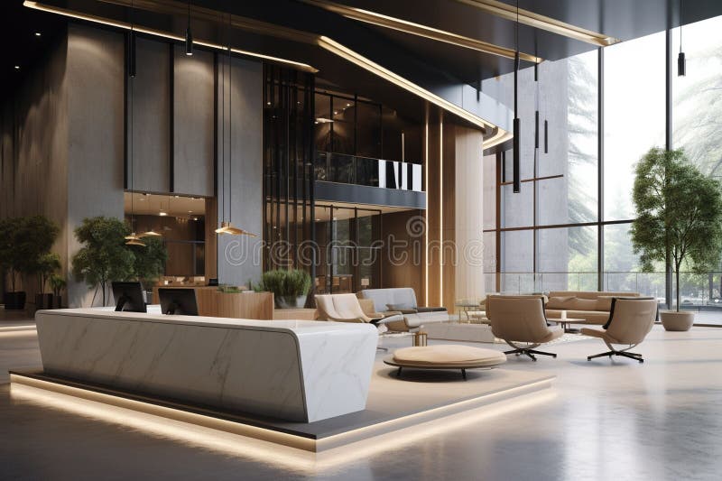 Corporate Office Lobby with a Reception Desk and Stock Photo - Image of ...