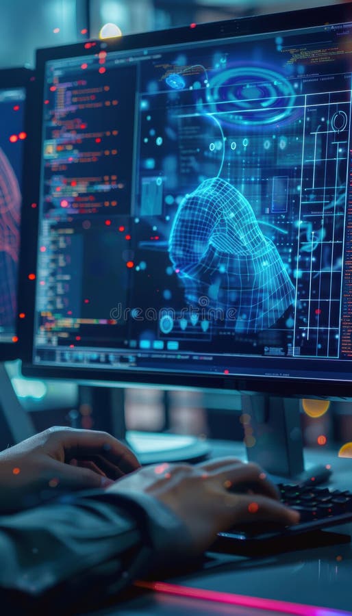 Advanced Cybersecurity: Professional at Workstation with Holographic Biometric Locks and ...