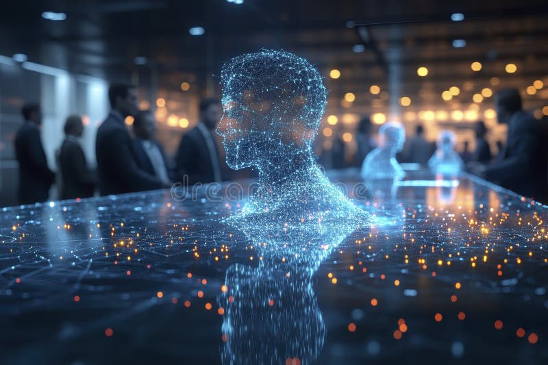 Corporate Scene with Holographic Figures on a Reflective Table. Stock ...