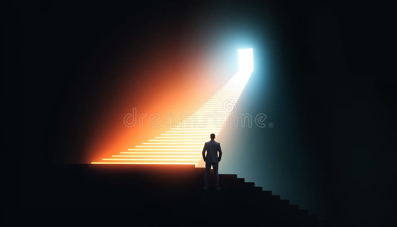 Corporate Silhouette Standing at the Base of a Glowing Stairway ...