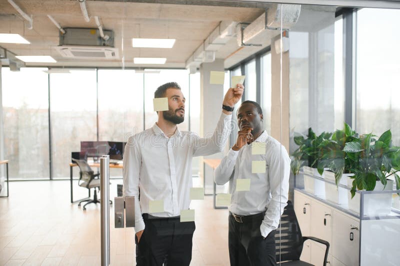 Corporate, Sticky Notes and Business People Planning a Team Mission ...