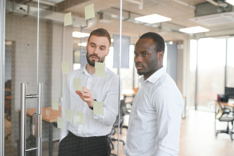 Corporate, Sticky Notes and Business People Planning a Team Mission ...