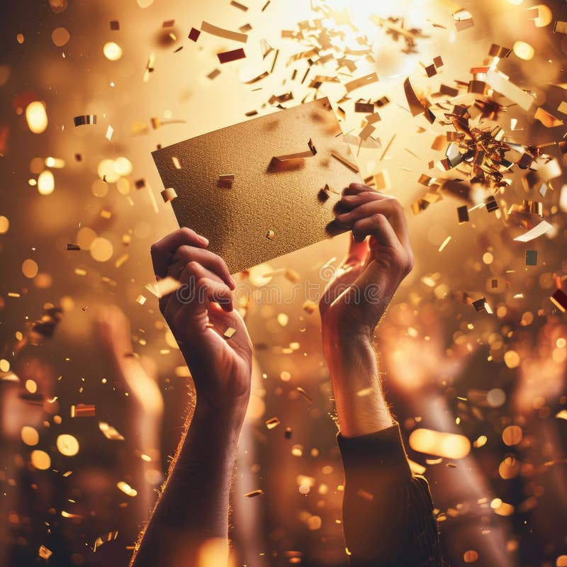 Corporate Success Celebration Hand Holding Certificate Amid Confetti ...