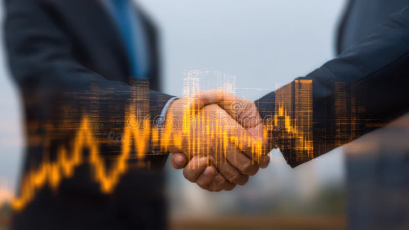 Corporate Team Shaking Hands with a Bright Trading Graph Overlay ...