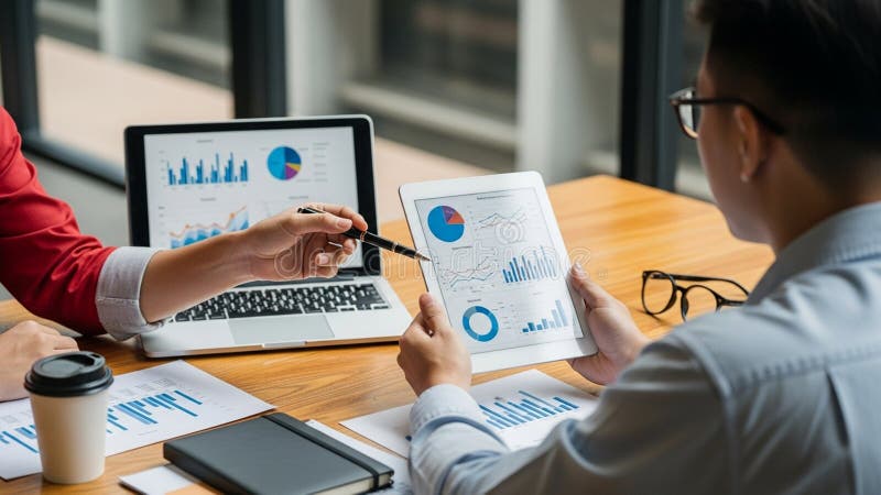 Corporate Team Analyzing Business Performance Using Laptop and Tablet ...