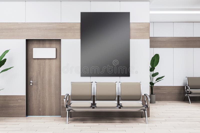 Corporate Waiting Area with Dark Grey Matte Poster and Wooden Elements ...