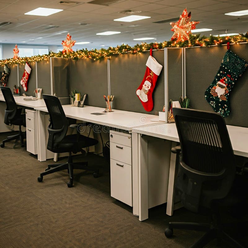 Corporate Work Office with Christmas Decorations Stock Illustration ...