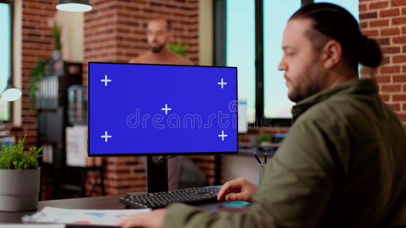 Corporate Worker Typing on Computer with Greenscreen Monitor Stock ...