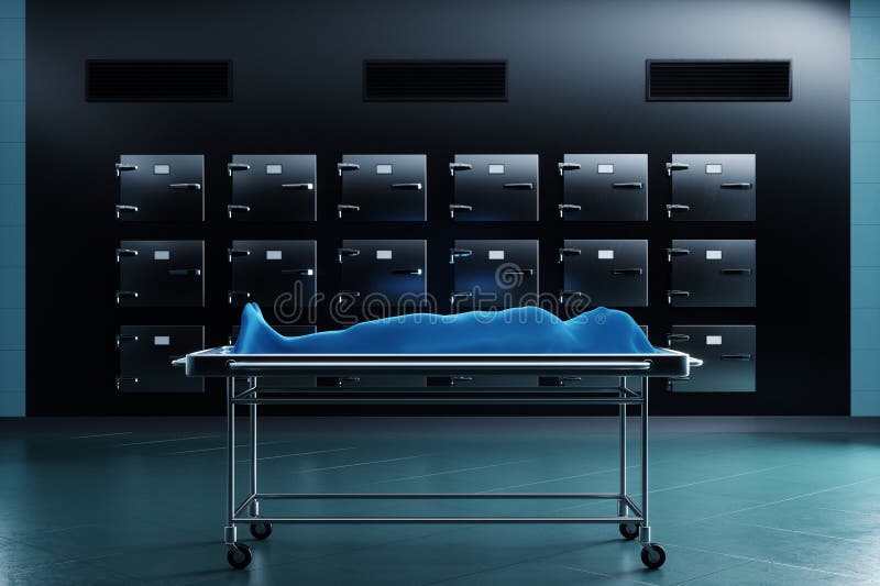 A Corpse Covered with a Blue Cloth on a Table in a Morgue Against the ...