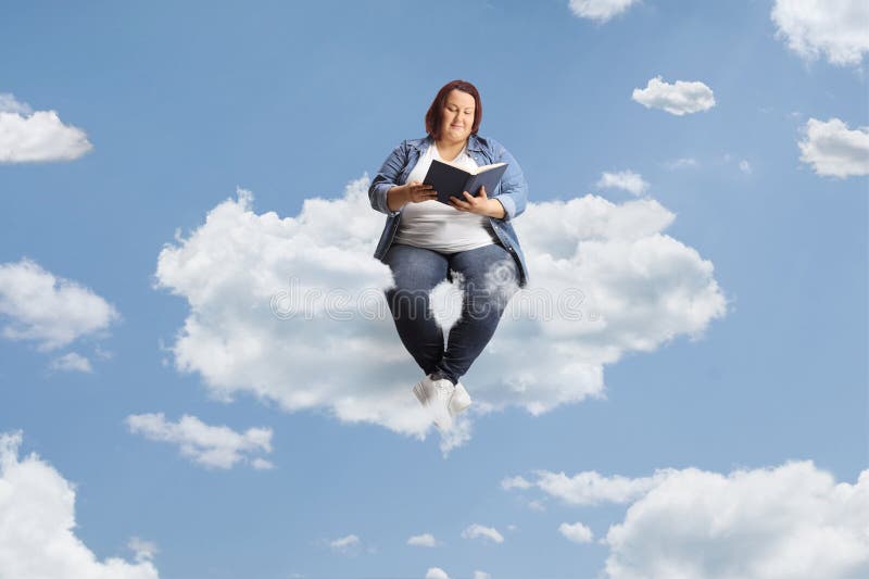 Corpulent Young Woman Sitting on a Cloud and Reading Stock Photo ...