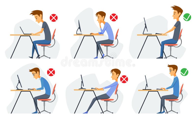 Correct Body Alignment in Sitting Working with Computer. Wrong Posture ...