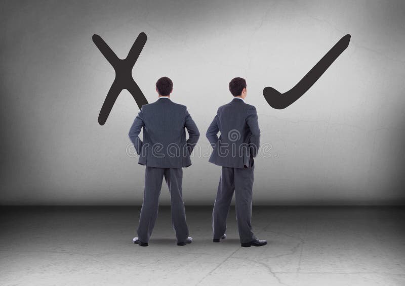 Correct Right or Wrong Drawings with Businessman Looking in Opposite ...