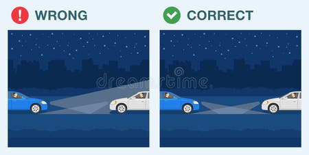 Correct and Wrong Using Low and High Beam Headlights. Side View of ...