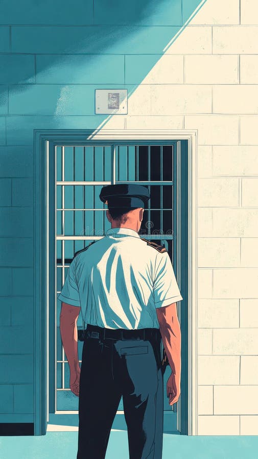 Correctional Officer Guarding Jail Cell Prison Bars Illustration Stock ...