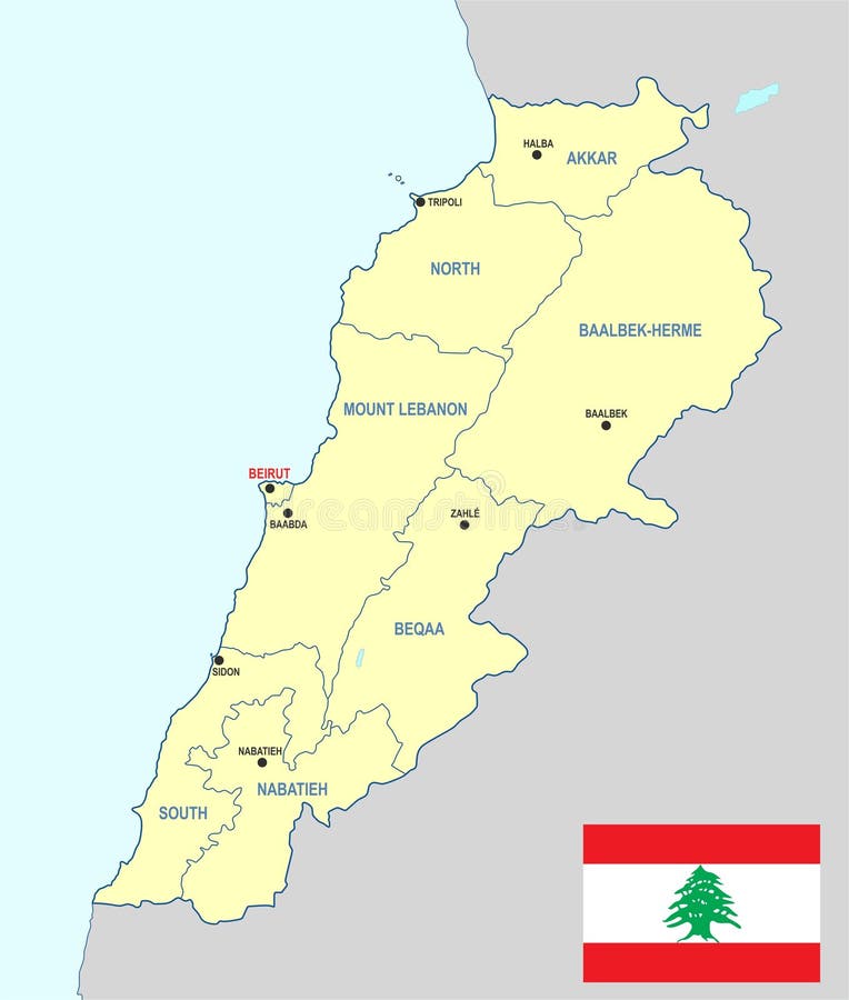 Mapa Administrativo Y Político De Líbano Del Vector Con La Bandera ...